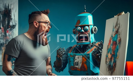 human artist and robot artist yelling on each... - Stock Illustration ...