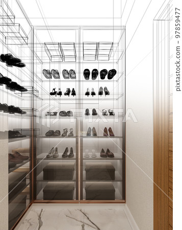 sketch design of interior shoe room, 3d rendering - Stock Illustration ...