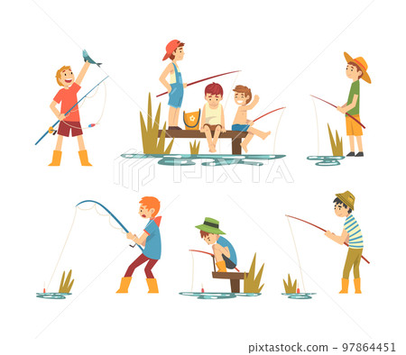 Cute happy boys enjoying fishing set. Boys... - Stock Illustration ...