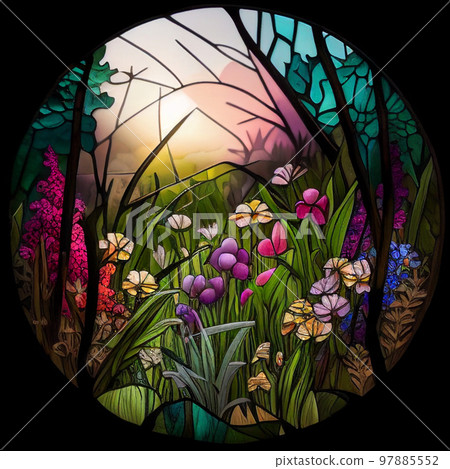 Stained glass flower and meadow - Stock Illustration [97885552] - PIXTA