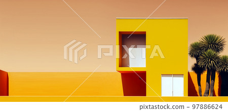 Modern yellow building big courtyard with palm... - Stock Illustration ...