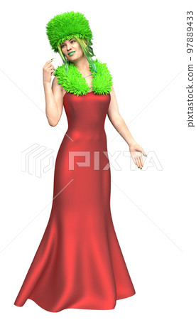 3D Woman in red dress with green furry hat - Stock Illustration ...