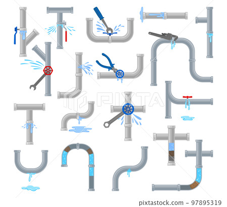 Set of leaking water pipes and plumbing repair... - Stock Illustration ...