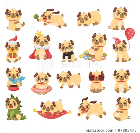 Pug dog puppies characters set. Adorable cute... - Stock Illustration ...