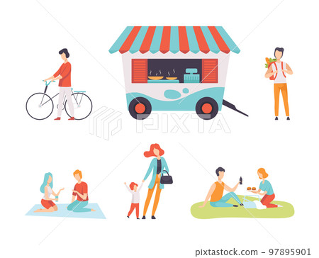 People performing summer leisure outdoor... - Stock Illustration ...