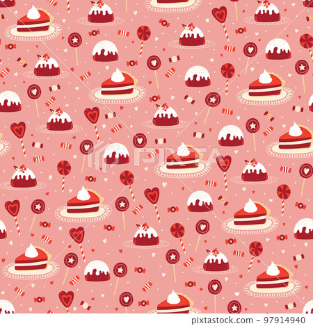 Cozy pastry and sweets pattern on pink... - Stock Illustration ...