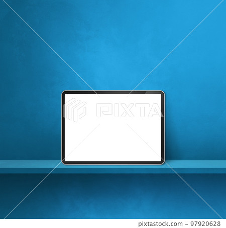 Digital tablet pc on blue wall shelf. Square... - Stock Illustration ...