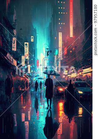 Main street at night with neon lights and... - Stock Illustration ...