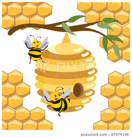 A beehive on a branch and funny bees on the... - Stock Illustration ...