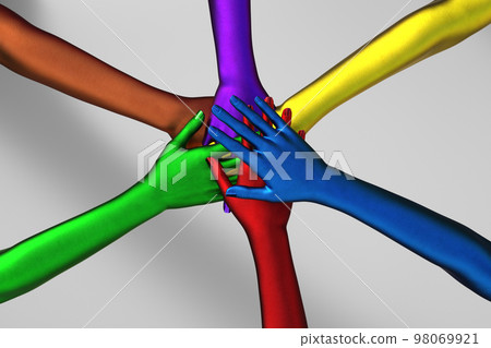 Multi-colored female hands on top of each other... - Stock Illustration ...