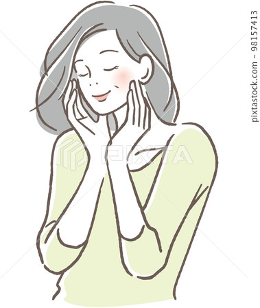 Senior woman who puts her hand on her cheek and... - Stock Illustration ...
