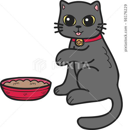 Hand Drawn cat eating food illustration in... - Stock Illustration ...