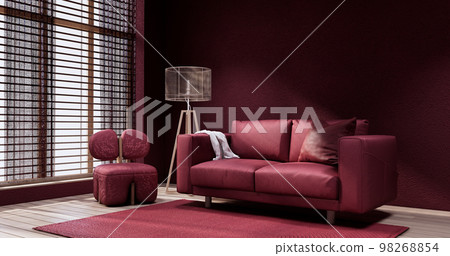 Viva magenta Living room with red wall and... - Stock Illustration ...