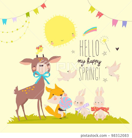 Cute Deer, Fox and Rabbits meeting Spring - Stock Illustration ...