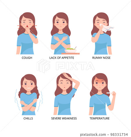 Cold and flu symptoms set. Boy suffering from... - Stock Illustration ...