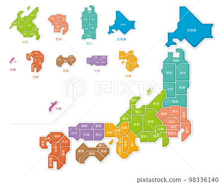 Map of Japan color-coded puzzle-like... - Stock Illustration [98336140 ...