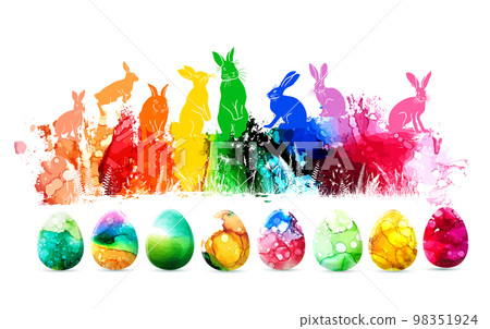 Happy Easter. Multicolored rabbits. Watercolor... - Stock Illustration ...