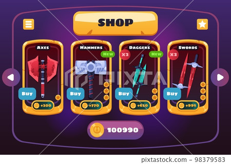 Game weapon shop. Fantasy rpg store menu panel... - Stock Illustration ...