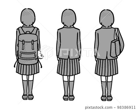 Female student in uniform back view set gray - Stock Illustration ...