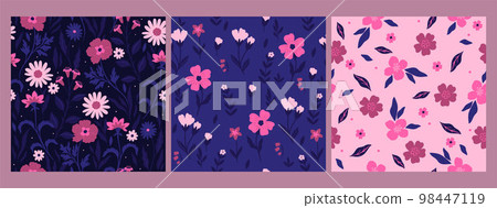 Set of seamless patterns with flowers in blue... - Stock Illustration ...