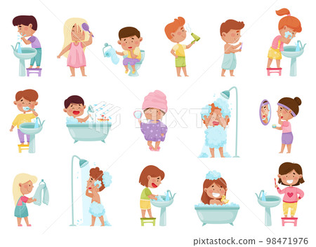 Little Kids Taking Bath and Washing Body Big... - Stock Illustration ...