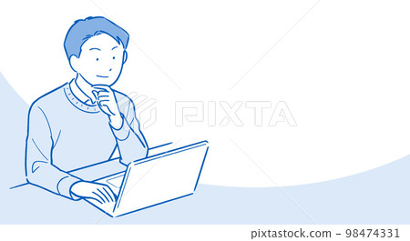A man thinking while looking at a computer Blue... - Stock Illustration ...