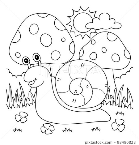 Spring Snail with Mushroom Coloring Page for Kids - Stock Illustration ...