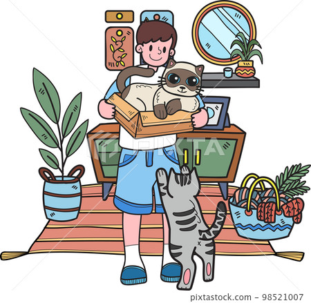 Hand Drawn The cat begs its owner in the living... - Stock Illustration ...
