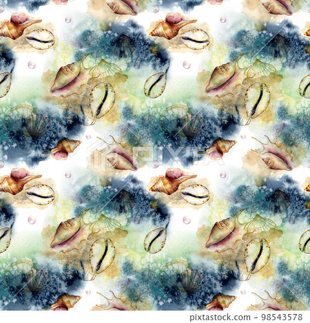 Watercolor seamless pattern with pastel shells... - Stock Illustration ...