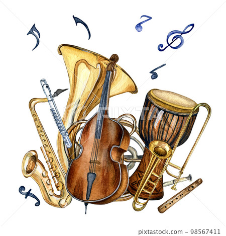 Composition of wind musical instruments and... - Stock Illustration ...