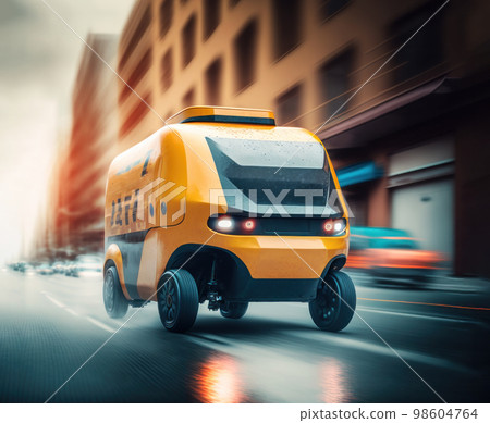 Autonomous delivery vehicle captured in motion...-插圖素材 [98604764] - PIXTA圖庫