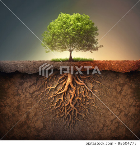 Tree with its root system going deep into the... - Stock Illustration ...