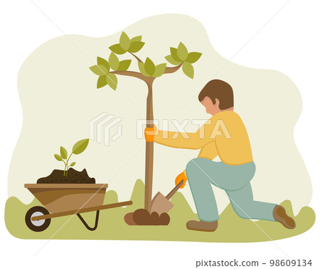 Gardening, a man is planting a tree. Spring... - Stock Illustration ...