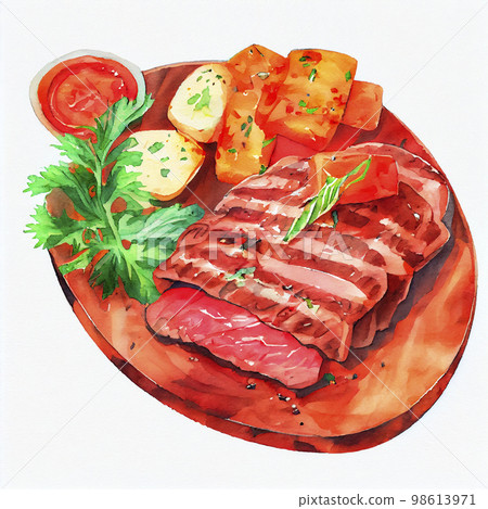 Beef steak watercolor painting "AI-generated... - Stock Illustration ...