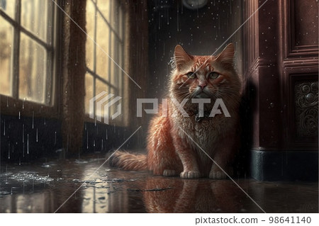 red cat, sad lonely abandoned, under the rain... - Stock Illustration [98641140] - PIXTA