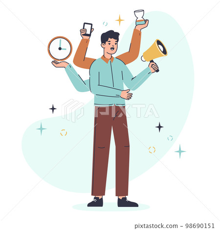 Multitasking man, productive business office... - Stock Illustration ...