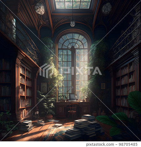 The back room of the old library overflowing... - Stock Illustration ...