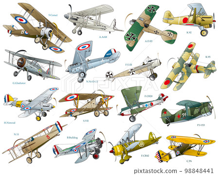 A set of 16 types of biplane fighter... - Stock Illustration [98848441 ...
