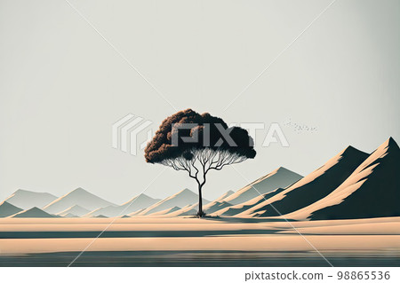 Minimalist Landscape with a Single Tree,... - Stock Illustration ...