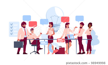 Team Members Cartoon Employees In Face Masks Talking Semi Flat Color