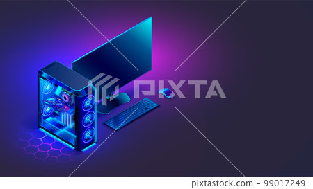 Gaming PC computer glowing in dark. Isometric... - Stock Illustration ...