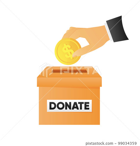 People throw gold coins into the donation box.... - Stock Illustration ...