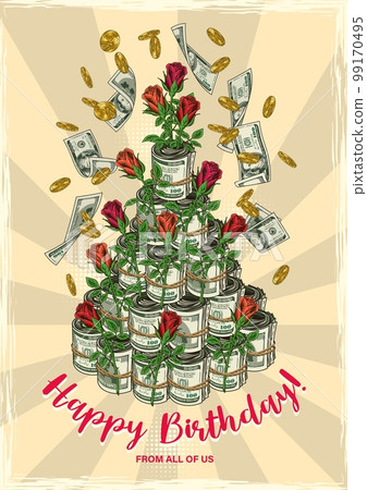 Greeting card with birthday cake made of roses,... - Stock Illustration ...
