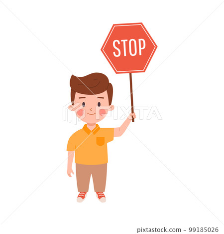 Boy holding stop road sign, flat vector... - Stock Illustration ...