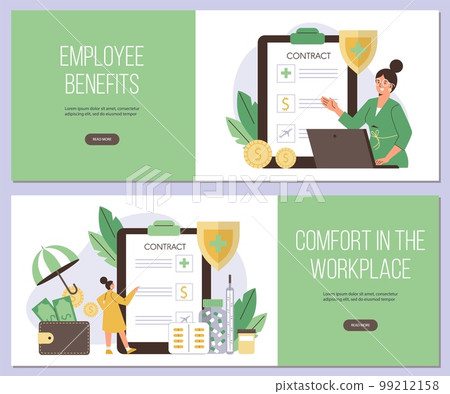 Employee benefits and perks web banners set,... - Stock Illustration ...