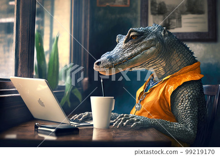 portrait of alligator work at laptop in cafe,... - Stock Illustration ...