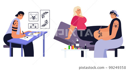 Tattoo artists work process from designing,... - Stock Illustration ...