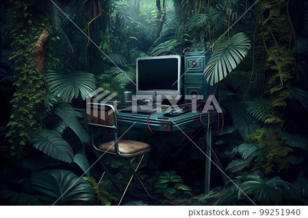Worker co with computer on table in jungle - Stock Illustration ...