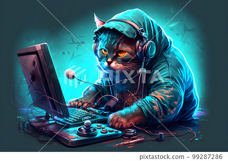Cat as video game live stream gamer use PC... - Stock Illustration ...