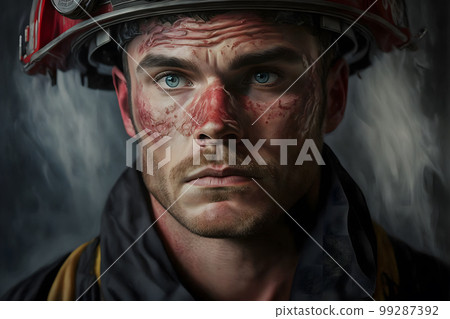 Portrait of firefighter dirty face in special... - Stock Illustration ...
